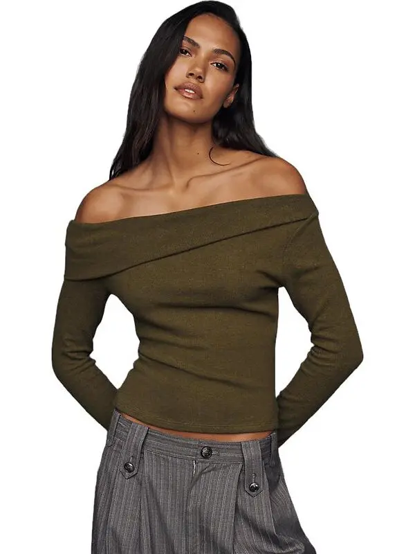 REFORMATION Elio Off-the-shoulder Asymmetric Knit Top - Moss Garden