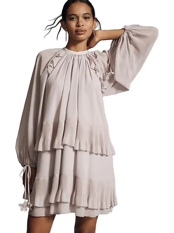 EN SAISON Nicolette Long-sleeve Tiered Chiffon Mini Dress - Lavender