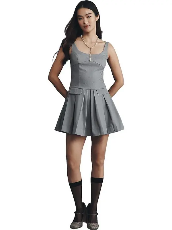 EN SAISON Square-neck Pleated Mini Dress - Grey