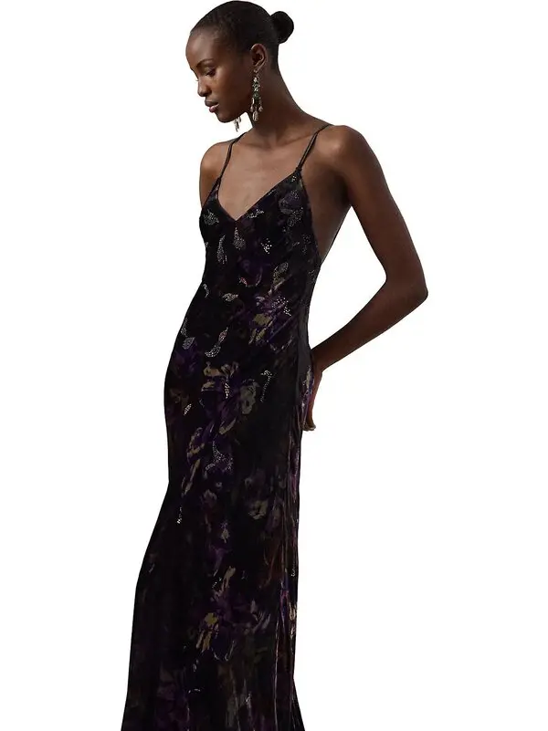 Ralph Lauren Shayna Embellished Floral Evening Gown - Black/aubergine Multi