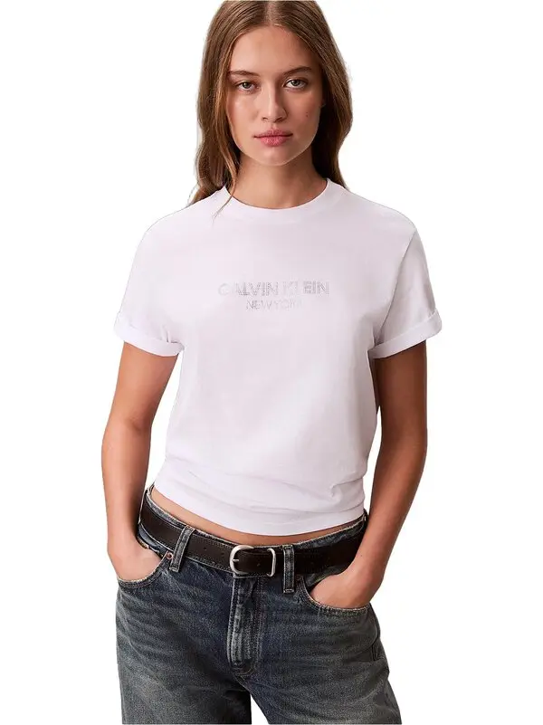 Calvin Klein Rhinestone Logo Graphic Classic T-shirt - Brilliant White