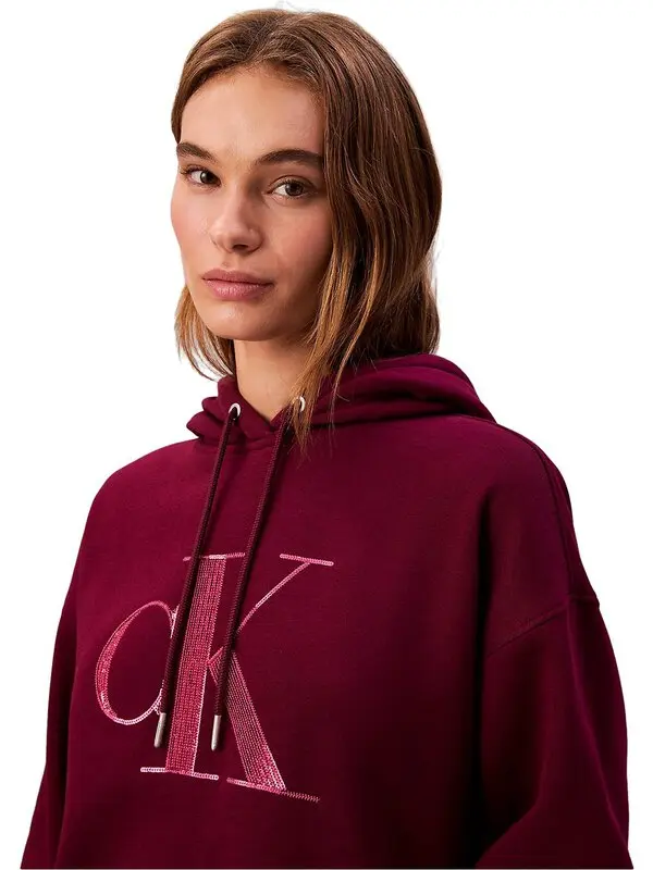 Calvin Klein Fleece Sequin Monogram Relaxed Hoodie - Berry Glaze