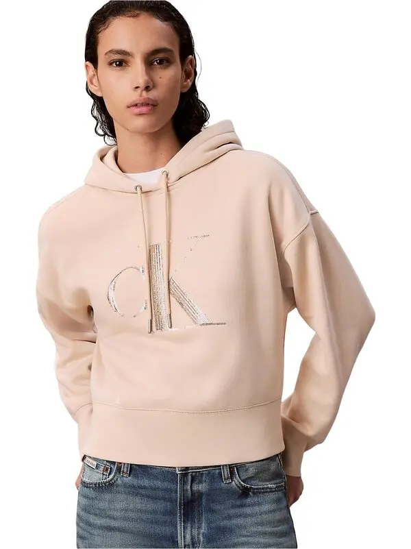 Calvin Klein Fleece Sequin Monogram Relaxed Hoodie - Tuscan Beige