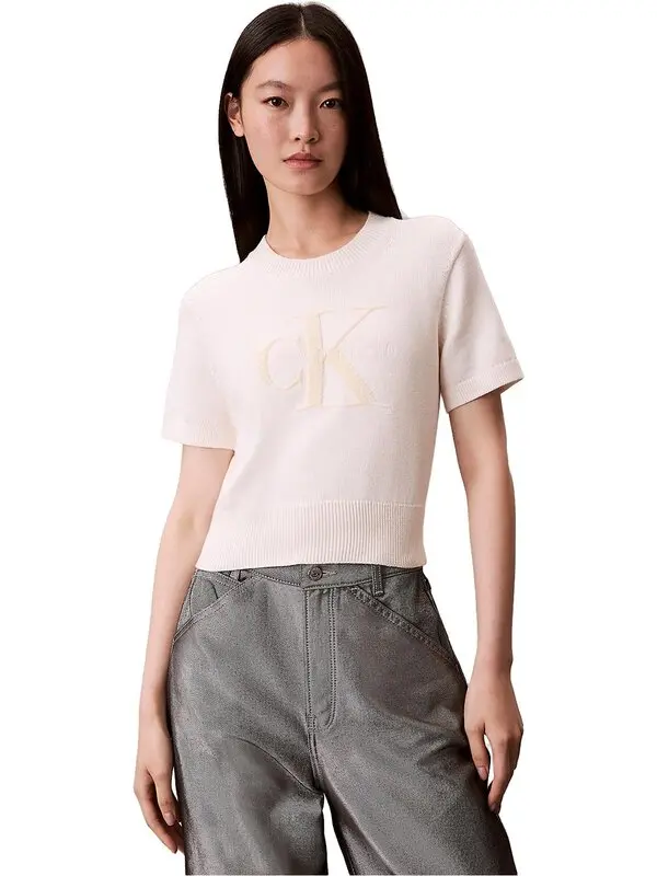 Calvin Klein Embroidered Monologo Short Sleeve Sweater - White Greige