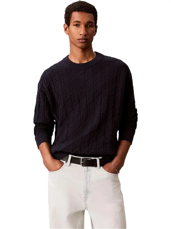Calvin Klein Allover Emblem Logo Ribbed Sweater - Dark Sapphire