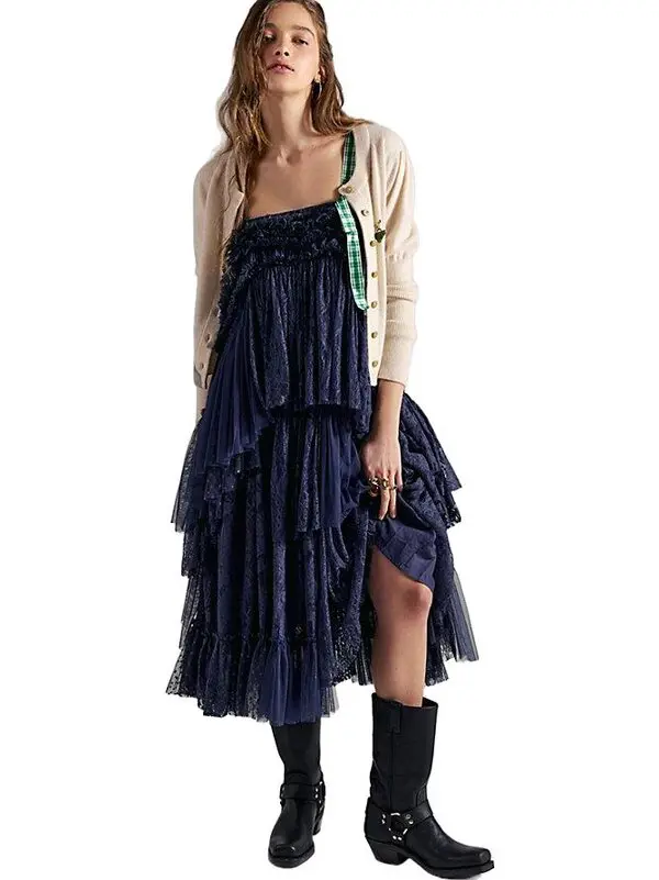 Free People Isabel Midi Dress - Navy Combo