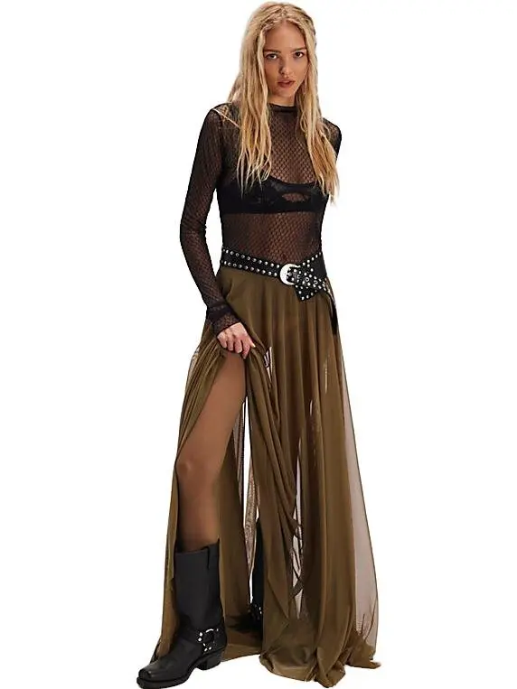 Norma Kamali Flared Sheer Maxi Skirt - Mushroom