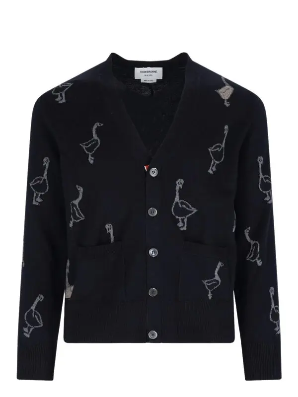 Thom Browne Virgin Wool Cardigan With 'geese' Pattern - Blue