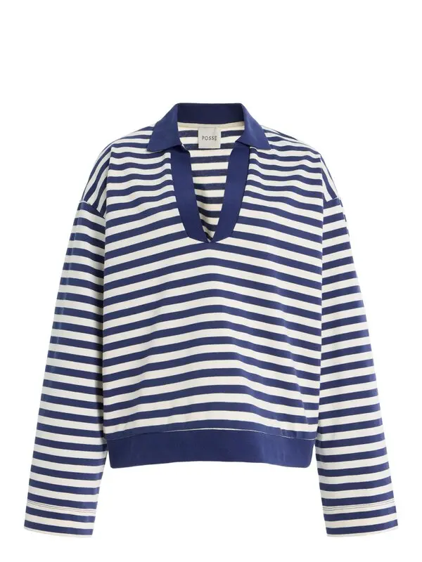 Posse Haisley Striped Cotton Polo Top - Blue
