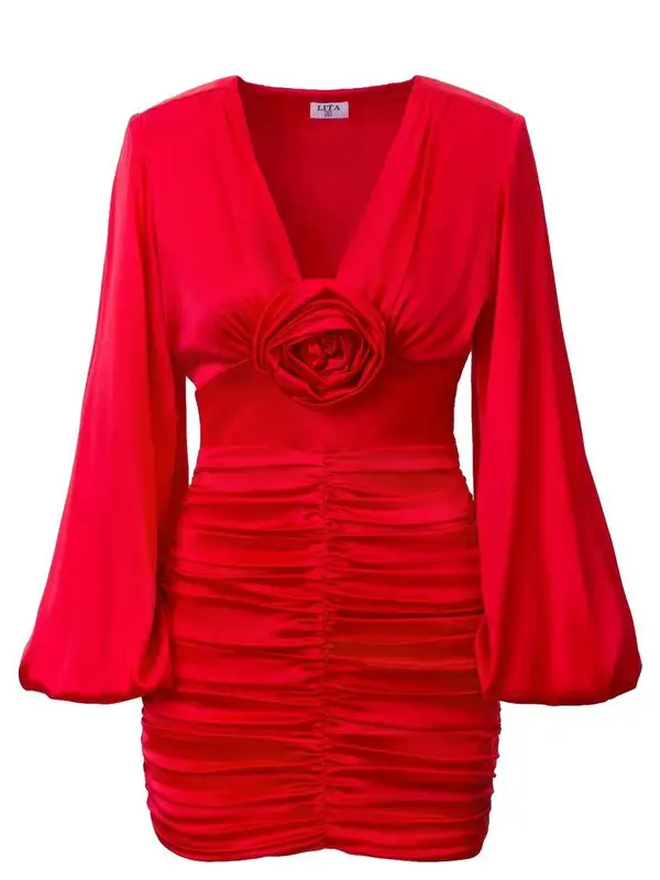 LITA COUTURE V-neck Mini Dress With Rose Detail - Red