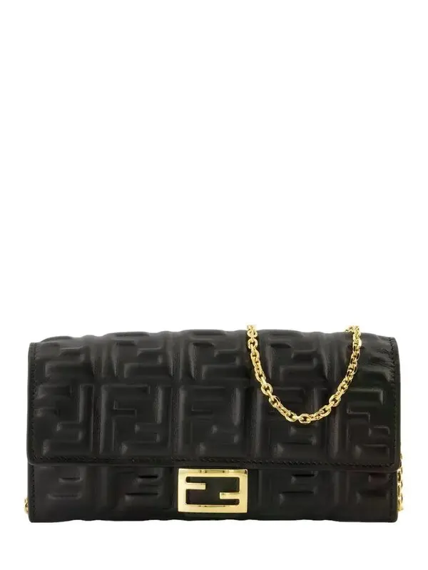 Fendi Embossed Baguette Clutch With Chain Strap - Black