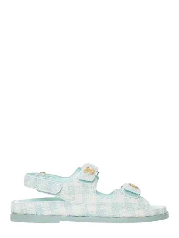 Chanel Cc Tweed Sandals - Light Blue/ecru