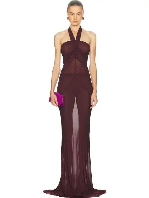 Atlein Halter Neck Ruched Gown - Burgundy