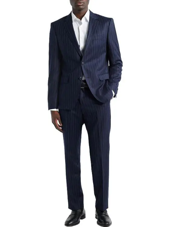 BOSS Huge Slim Fit Navy Pinstripe Wool Suit - Dark Blue