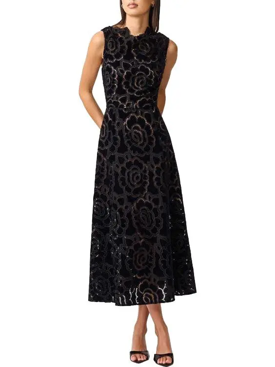ELLIATT Eris Sleeveless Velvet Lace Midi Dress - Black