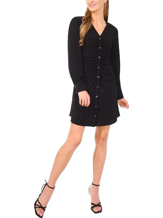 CECE DUPRAZ Shirred Front Button Long Sleeve Dress - Rich Black
