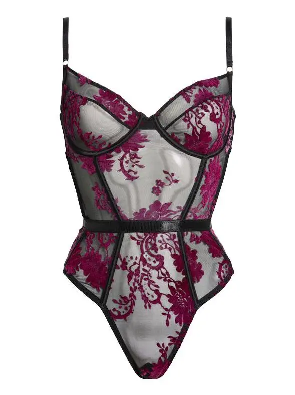 KILO BRAVA Floral Flocked Underwire Teddy - Black-boysenberry