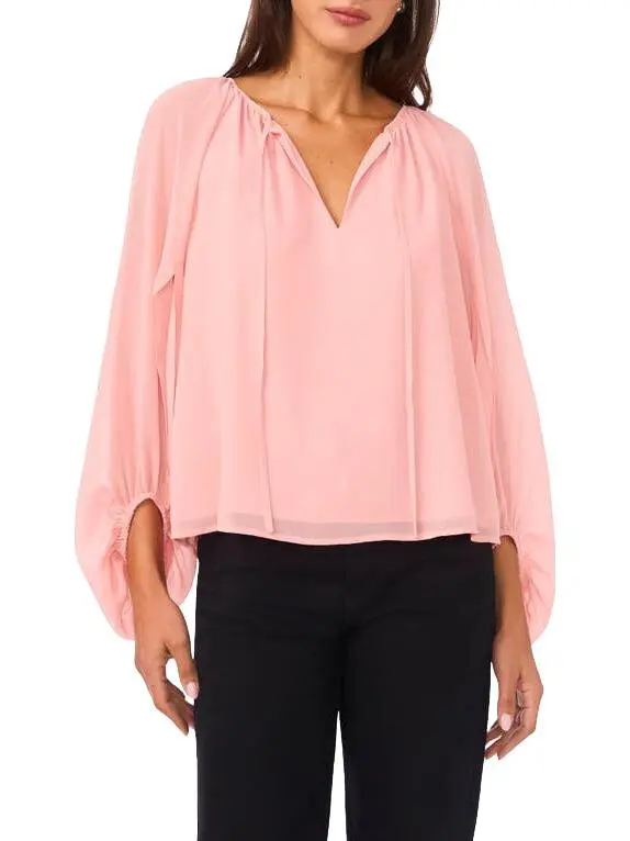Vince Camuto Sheer Sleeve Tie Neck Top - Sepia Rose