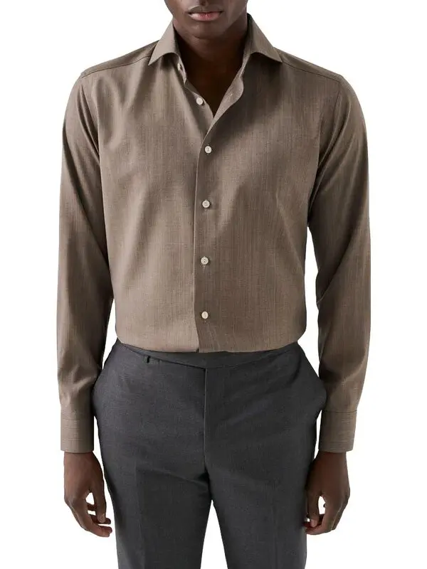 Eton Slim Fit Brown Mélange Wool Dress Shirt - Light Beige