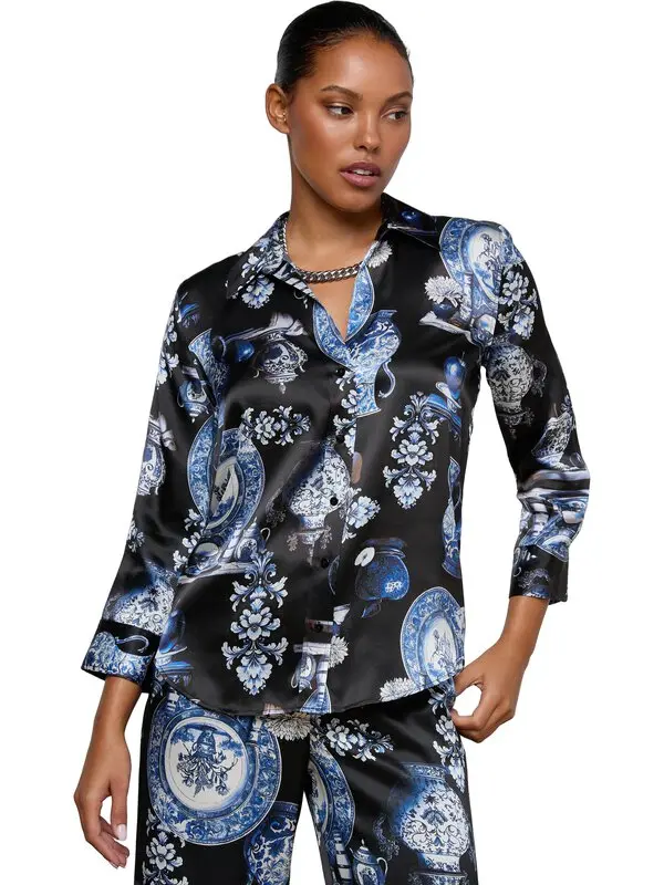 L'Agence Dani Printed Silk Blouse - Black/blue Porcelain Print