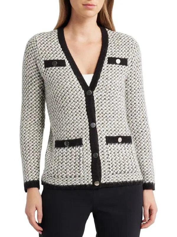 Anne Klein Contrast Trim Tweed Cardigan - Alabaster Multi