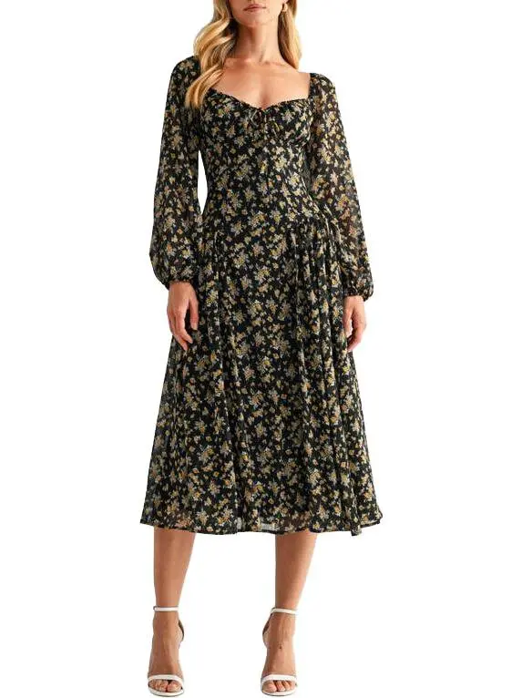 ALL IN FAVOR Floral Long Sleeve Midi Dress - Black Mustard Floral