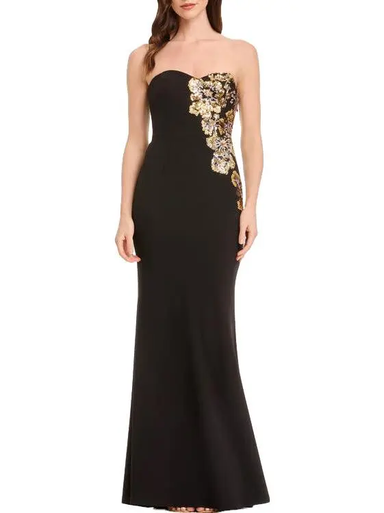 Dress The Population Placed Beaded Floral Strapless Mermaid Gown - Gold Multi