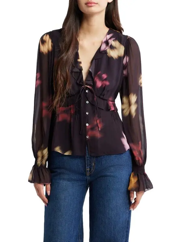 Rails Alixa Floral Ruffle Button-up Shirt - Onyx Blurred Floral