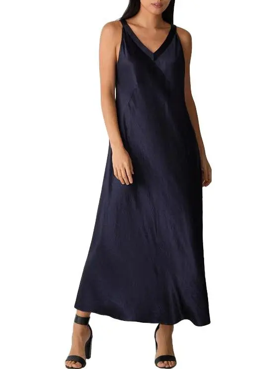 Eileen Fisher V-neck Crinkled Satin Midi Dress - Ink