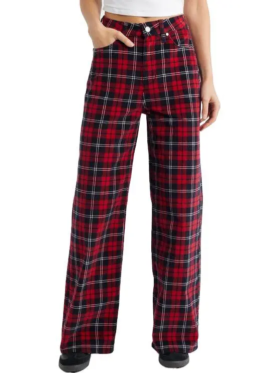 PTCL High-waist Wide-leg Plaid Jeans - Red