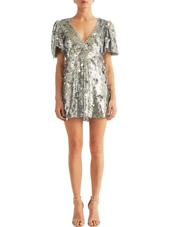 AROSE STUDIO Luna Sequin Puff Sleeve Mini Dress - Silver Sequin