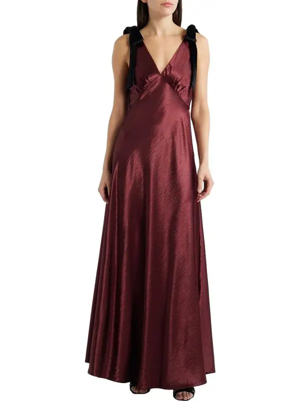 LUCY PARIS Holly Velvet Tie Satin Gown - Burgundy