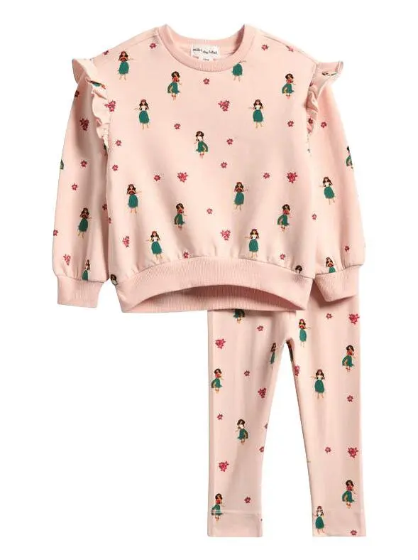 MILES THE LABEL Hula Print Ruffle Sweatshirt & Leggings Set - Light Pink