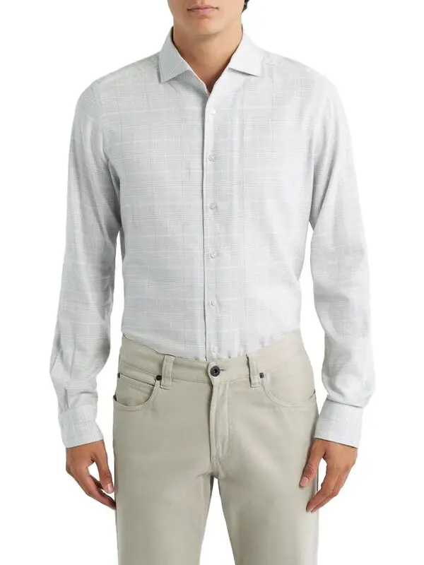 EMANUEL BERG Modern Fit Glen Check Brushed Cotton & Lyocell Dress Shirt - Light Grey