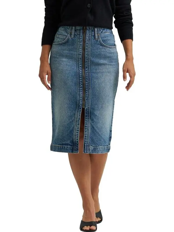 LEEM Zip Front Denim Skirt - Indigo Cast