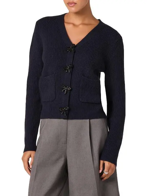 Astr The Label Crystal Embellished Bow Cardigan - Navy