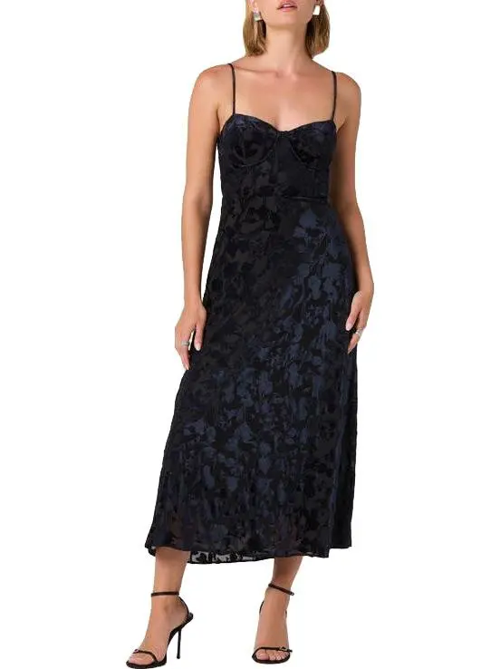 Astr The Label Underwire Burnout Velvet Cocktail Midi Dress - Navy