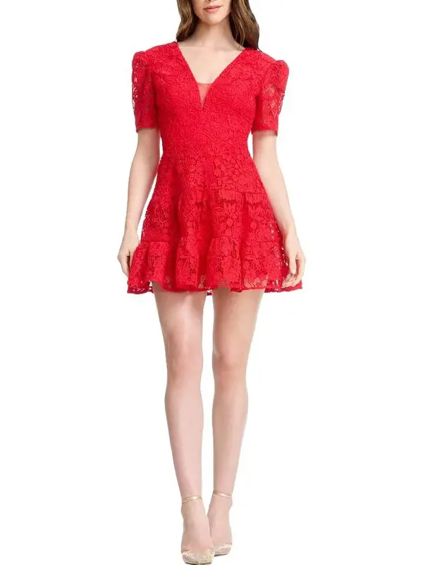 Dress The Population Hallie Lace Tiered Minidress - Rouge