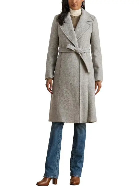 Ralph Lauren Longline Wrap Coat - Grey/cream Herringbone