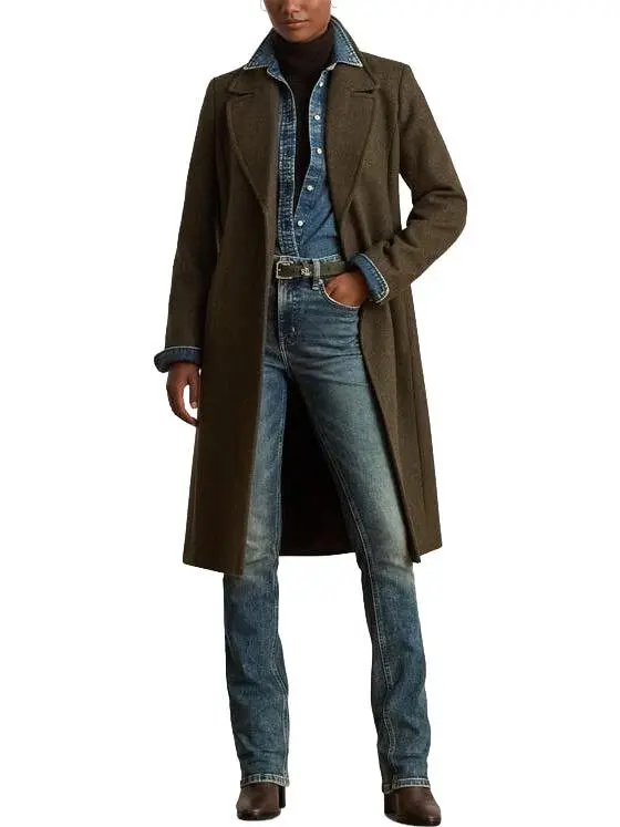 Ralph Lauren Longline Wrap Coat - Loden Brown Herringbone
