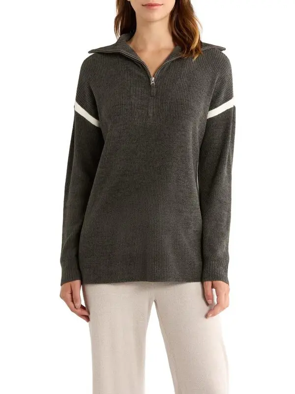 Barefoot Dreams Cozychic Ultra Lite® Side Stripe Half Zip Pullover - Dark Moss-pearl