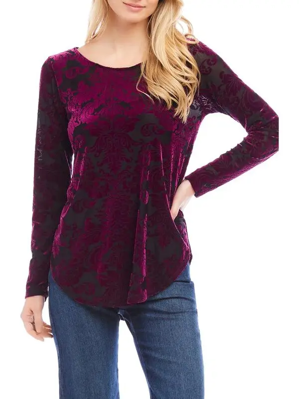 Karen Kane Floral Velvet Burnout Shirttail Top - Wine