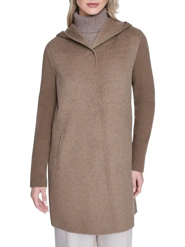 KENNETH COLE Double Face Wool Blend Hooded Coat - Nutmeg