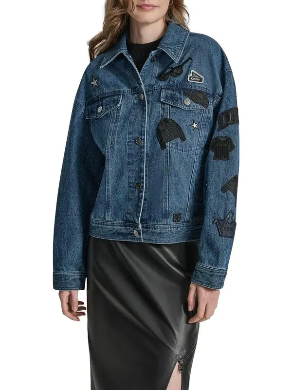 Dkny Logo Patch Denim Trucker Jacket - Ludlow Wash