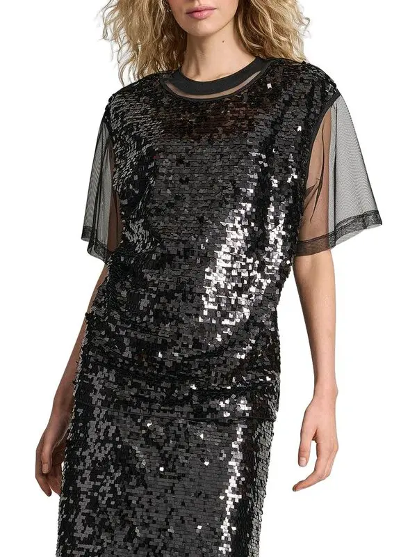 Dkny Layered Mesh Sequin Top - Black