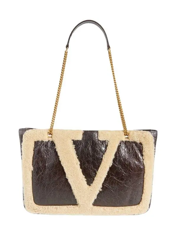 Valentino Garavani Medium Viva Superstar Crinkled Leather And Genuine Shearling Tote - Cafe Fango/dark Beige