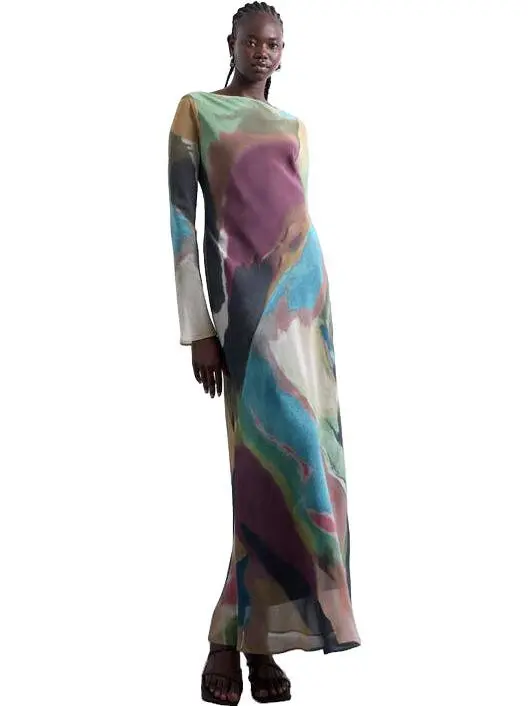 Topshop Abstract Print Long Sleeve Chiffon Maxi Dress - Burgundy Multi