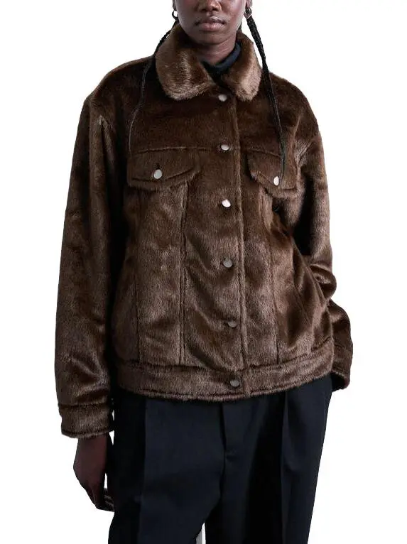Topshop Faux Fur Western Trucker Jacket - Brown