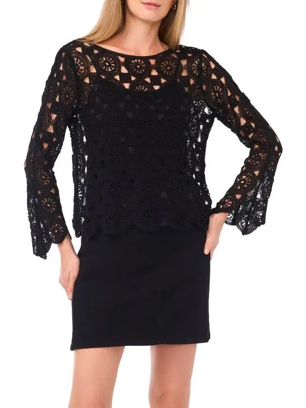 Vince Camuto Flare Sleeve Open Stitch Top - Rich Black