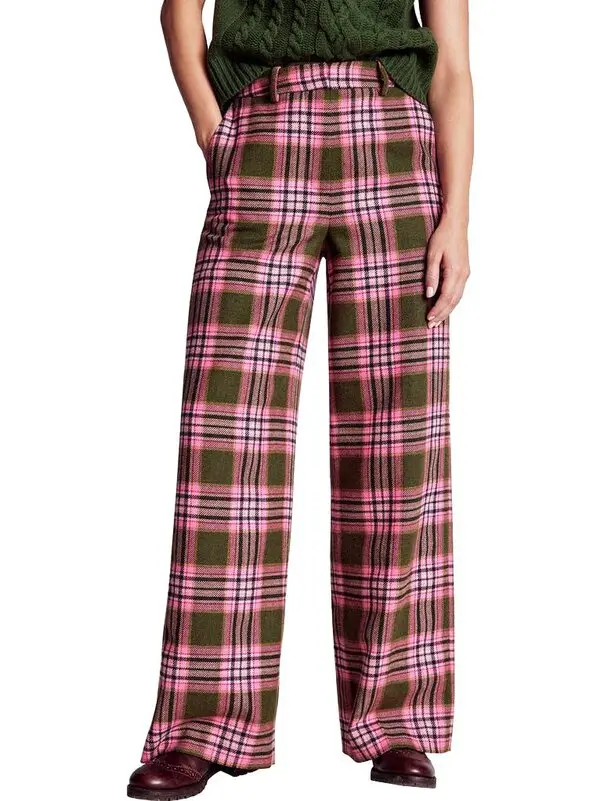 Boden Belgravia Plaid Wide-leg Pants - Olive Green/pink Check